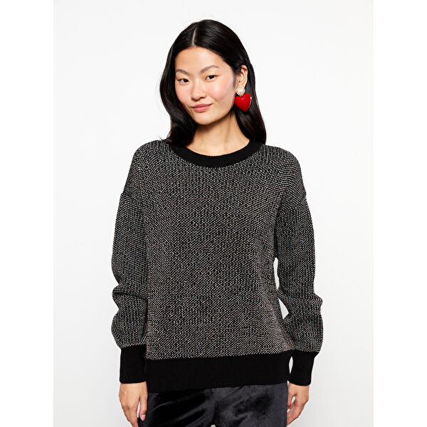 Bisiklet Yaka Desenli Uzun Kollu Kadın Triko Kazak