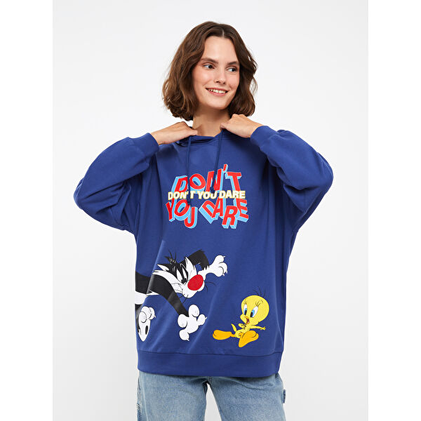 Kapüşonlu Looney Tunes Baskılı Uzun Kollu Oversize Kadın Sweatshirt Kapüşonlu Looney Tunes Baskılı Uzun Kollu Oversize Kadın Sweatshirt
