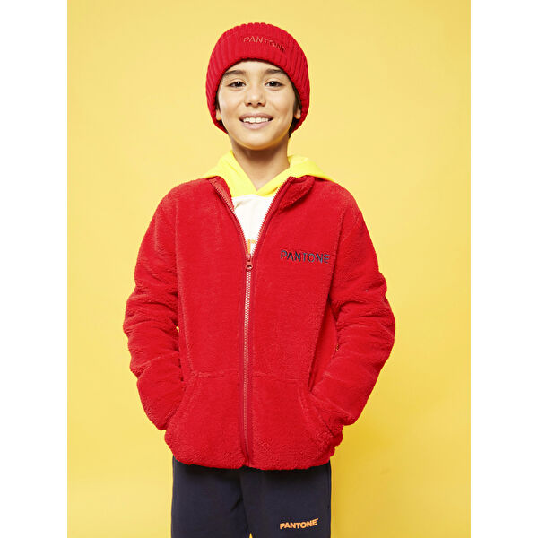 Dik Yaka Nakışlı Uzun Kollu Unisex Çocuk Fermuarlı Sweatshirt