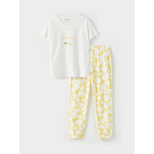 Bisiklet Yaka Baskılı Kısa Kollu Kadın Pijama Takımı