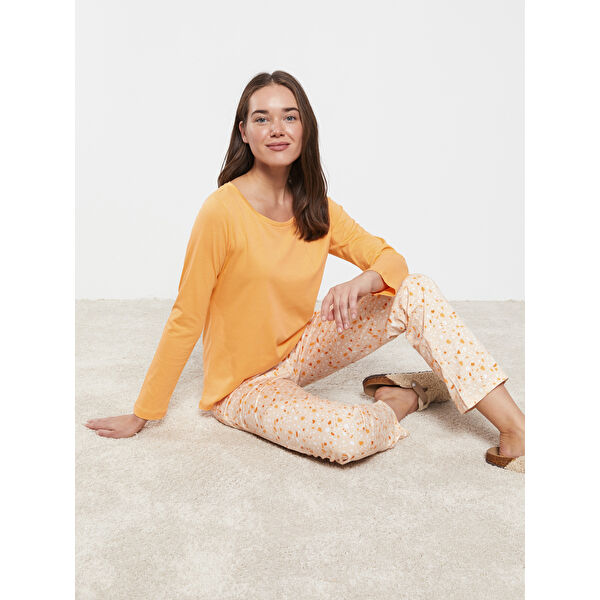 Bisiklet Yaka Düz Uzun Kollu Kadın Pijama Takımı