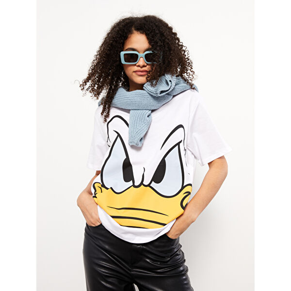 Bisiklet Yaka Donald Duck Baskılı Kısa Kollu Pamuklu Kadın Tişört Bisiklet Yaka Donald Duck Baskılı Kısa Kollu Pamuklu Kadın Tişört