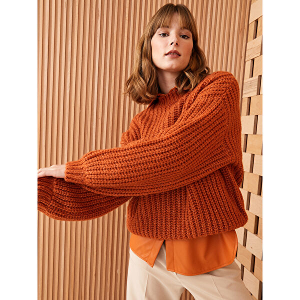 Bisiklet Yaka Düz Uzun Kollu Kadın Triko Kazak