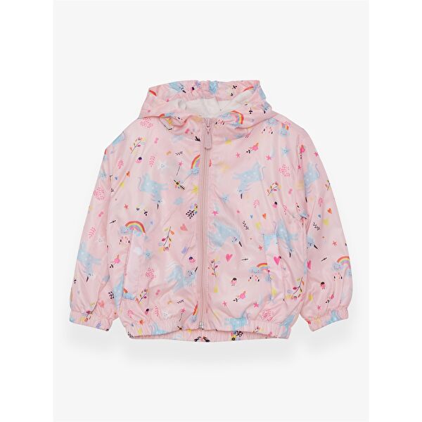 Kapüşonlu Uzun Kollu Desenli Kız Bebek Yağmurluk