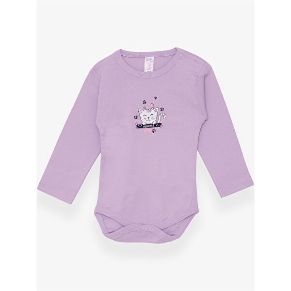 Bisiklet Yaka Uzun Kollu Baskılı Kız Bebek Çıtçıtlı Body