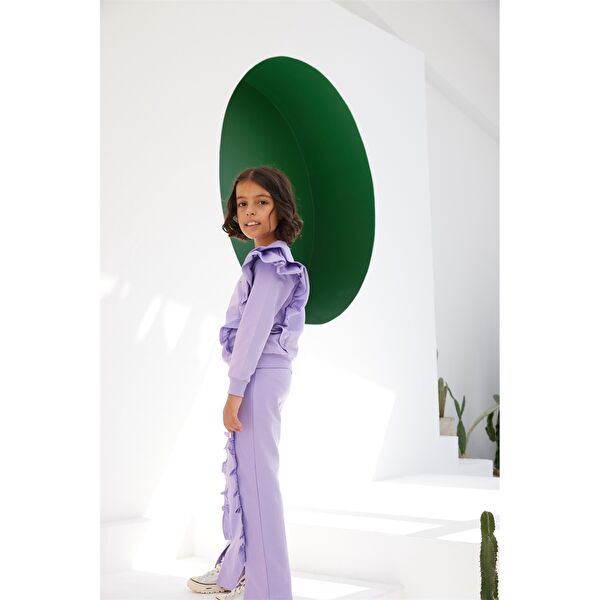 Beli Lastikli Fırfır Detaylı Geniş Paça Kız Çocuk Eşofman Altı