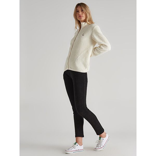 Dik Yaka Nakışlı Uzun Kollu Polar Kadın Spor Hırka