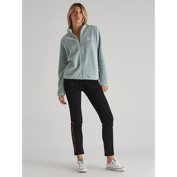 Dik Yaka Nakışlı Uzun Kollu Polar Kadın Spor Hırka