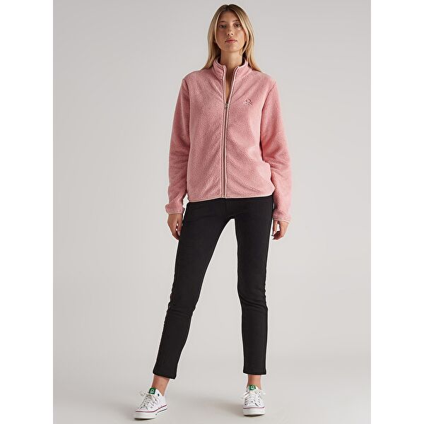 Dik Yaka Nakışlı Uzun Kollu Polar Kadın Spor Hırka