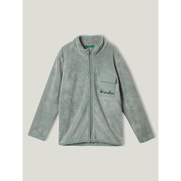 Dik Yaka Baskılı Uzun Kollu Pelüş Kız Çocuk Fermuarlı Sweatshirt