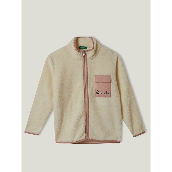 Dik Yaka Baskılı Uzun Kollu Pelüş Kız Çocuk Fermuarlı Sweatshirt