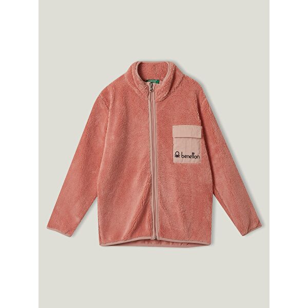 Dik Yaka Baskılı Uzun Kollu Pelüş Kız Çocuk Fermuarlı Sweatshirt