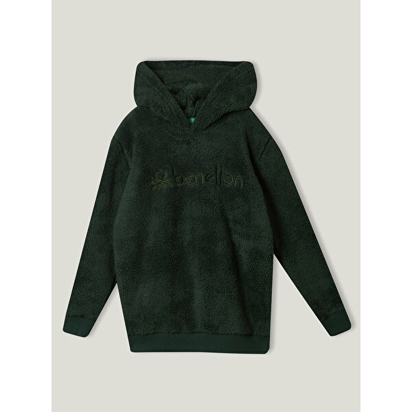 Kapüşonlu Nakışlı Uzun Kollu Pelüş Kız Çocuk Sweatshirt