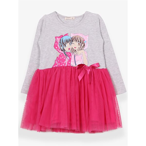 Bisiklet Yaka Baskılı Uzun Kollu Kız Çocuk Elbise