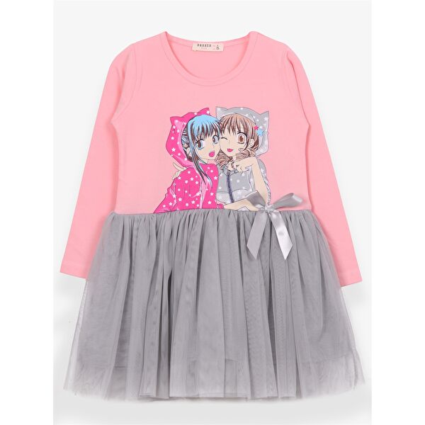Bisiklet Yaka Baskılı Uzun Kollu Kız Çocuk Elbise