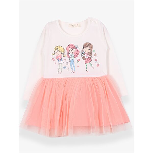 Bisiklet Yaka Uzun Kollu Baskılı Kız Bebek Elbise