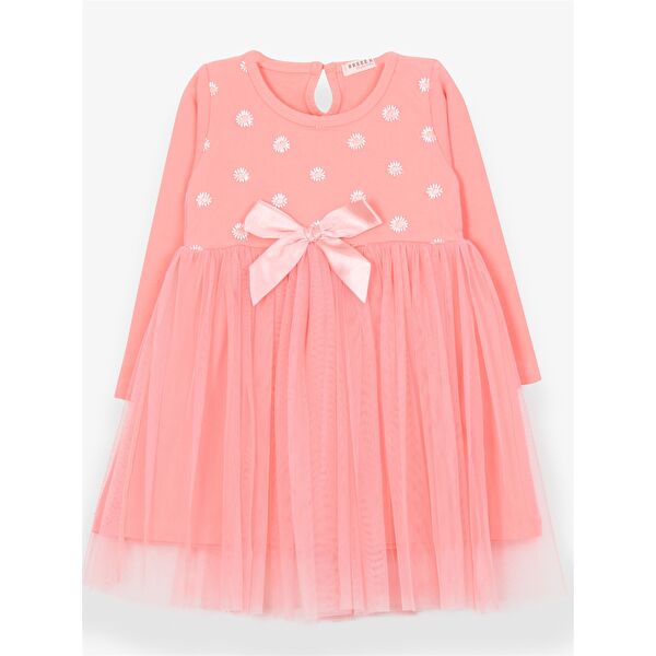 Bisiklet Yaka Uzun Kollu Nakış Detaylı Kız Bebek Elbise