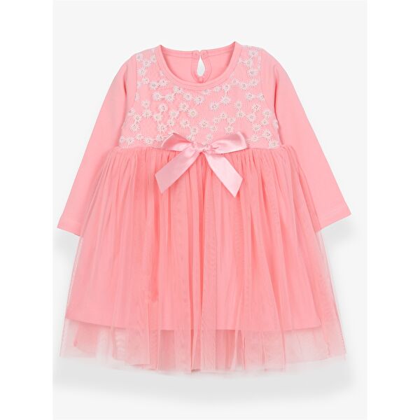 Bisiklet Yaka Uzun Kollu Nakış Detaylı Kız Bebek Elbise