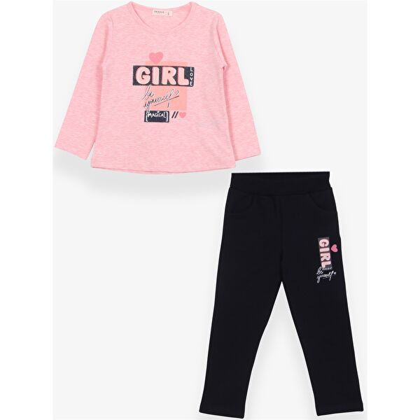 Bisiklet Yaka Baskılı Uzun Kollu Kız Çocuk Tişört ve Tayt