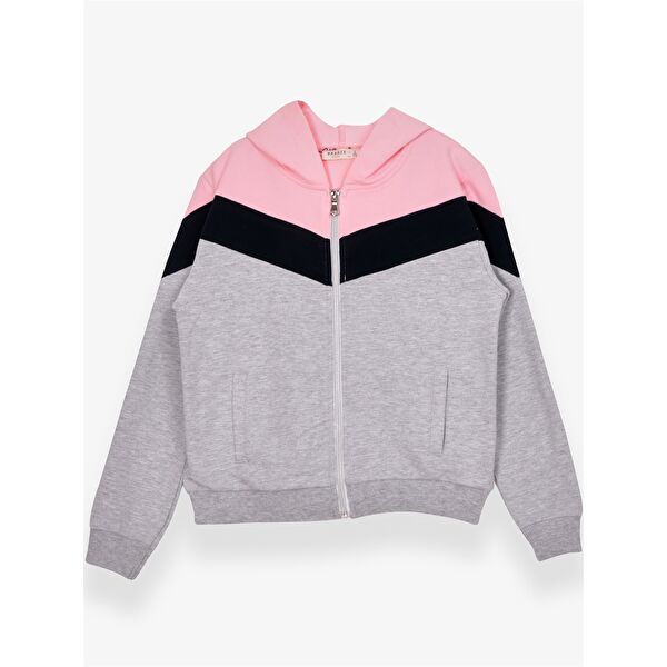Kapüşonlu Renk Bloklu Uzun Kollu Kız Çocuk Fermuarlı Sweatshirt