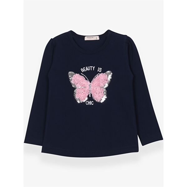 Bisiklet Yaka Pul İşlemeli Uzun Kollu Pamuklu Kız Çocuk Tişört