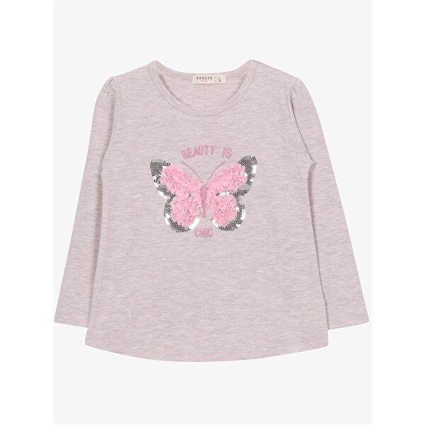 Bisiklet Yaka Pul İşlemeli Uzun Kollu Pamuklu Kız Çocuk Tişört