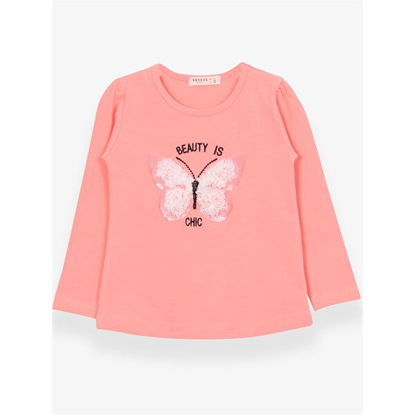 Bisiklet Yaka Pul İşlemeli Uzun Kollu Pamuklu Kız Çocuk Tişört