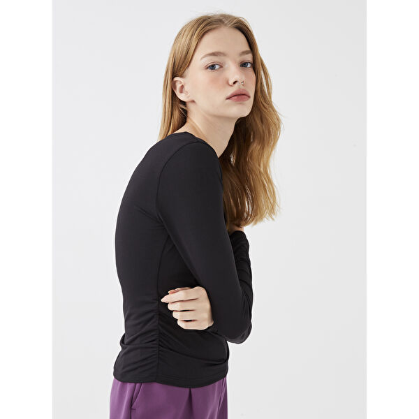 Bisiklet Yaka Düz Uzun Kollu Kadın Bluz