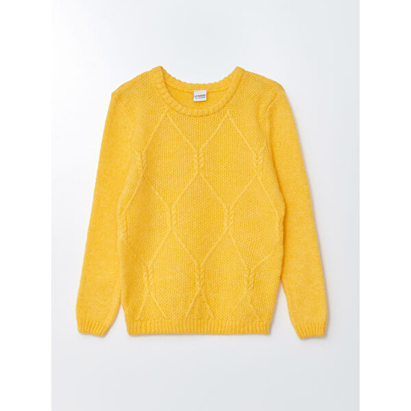 Bisiklet Yaka Kendinden Desenli Uzun Kollu Kız Çocuk Triko Kazak