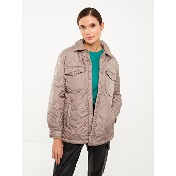 Gömlek Yaka Kendinden Desenli Uzun Kollu Kadın Mont