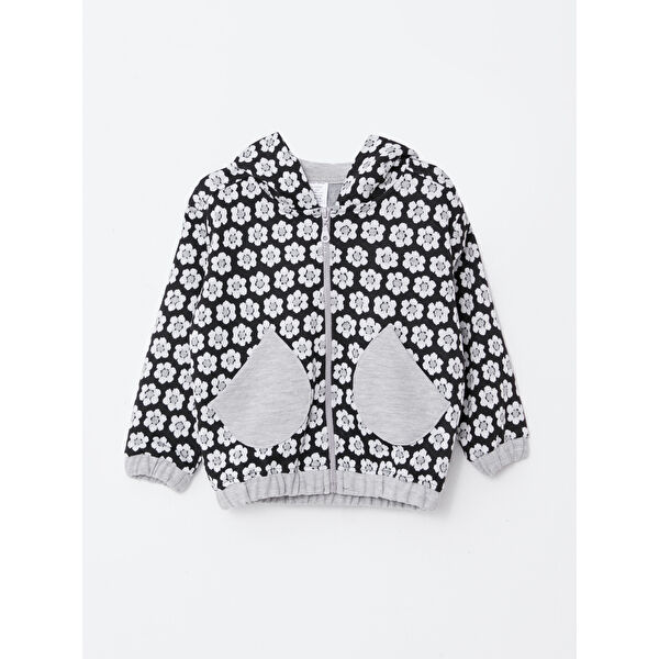 Kapüşonlu Uzun Kollu Baskılı Kız Bebek Fermuarlı Sweasthirt