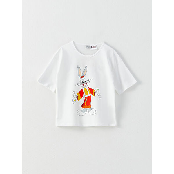 Bisiklet Yaka Bugs Bunny Baskılı Kısa Kollu Kız Çocuk Tişört Bisiklet Yaka Bugs Bunny Baskılı Kısa Kollu Kız Çocuk Tişört