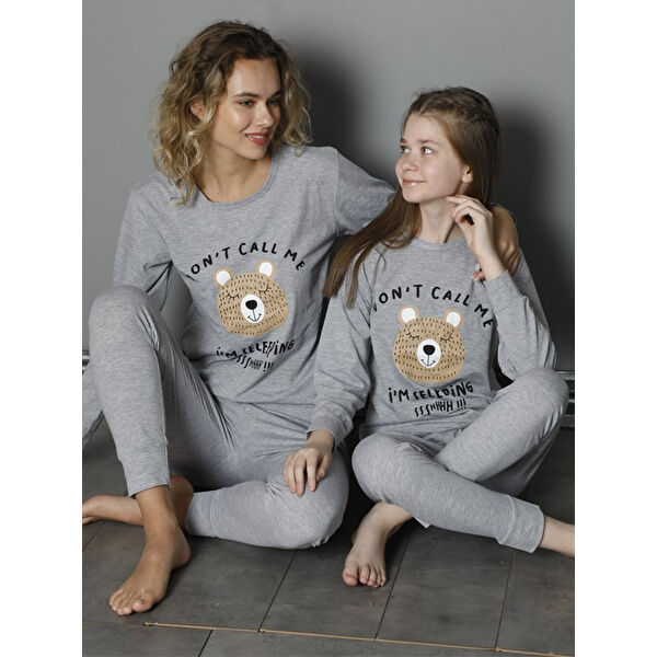 Bisiklet Yaka Baskılı Uzun Kollu Kız Çocuk Pijama Takımı Anne Kız Kombini