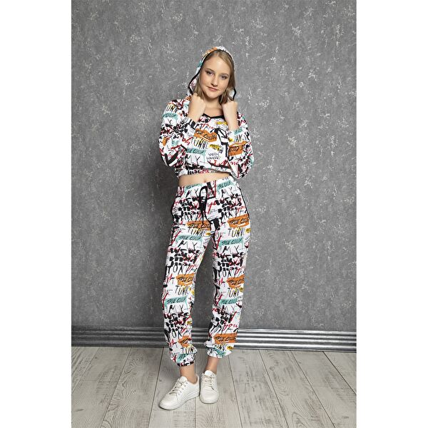 Kapüşonlu Desenli Uzun Kollu Kadın Pijama Takımı