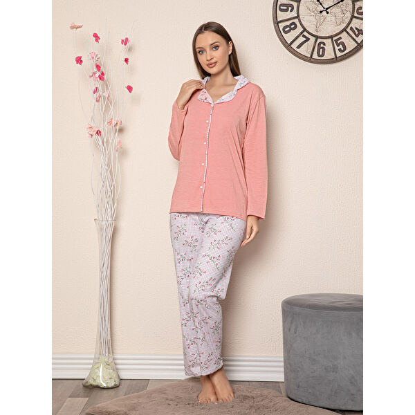 Gömlek Yaka Desenli Uzun Kollu Pamuklu Kadın Pijama Takımı