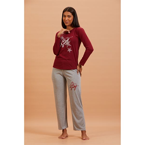 Bisiklet Yaka Baskılı Uzun Kollu Pamuklu Kadın Pijama Takımı