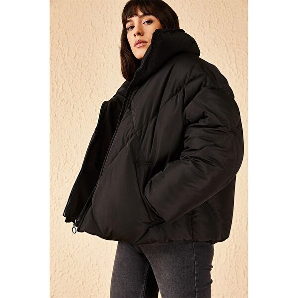 Kapüşonlu Düz Uzun Kollu Kadın Şişme Mont