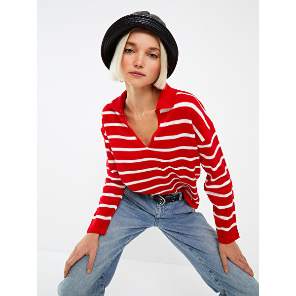 Polo Yaka Çizgili Uzun Kollu Kadın Triko Kazak