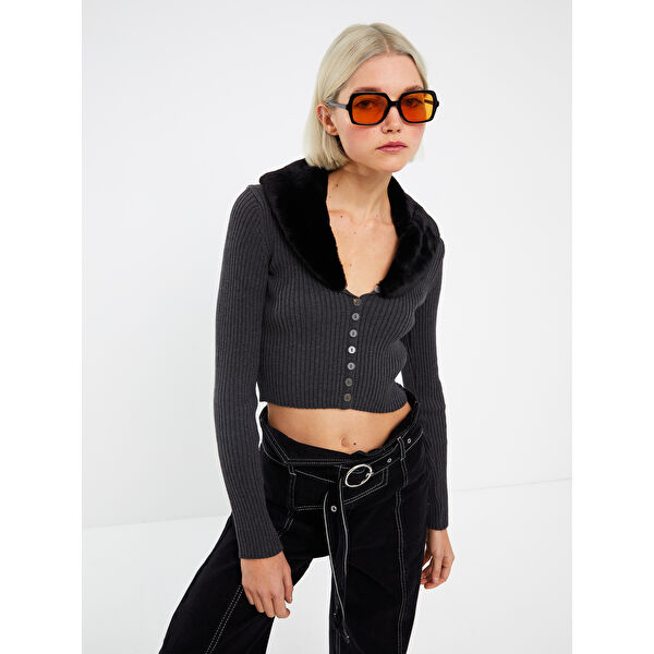 Ceket Yaka Düz Uzun Kollu Kadın Triko Hırka