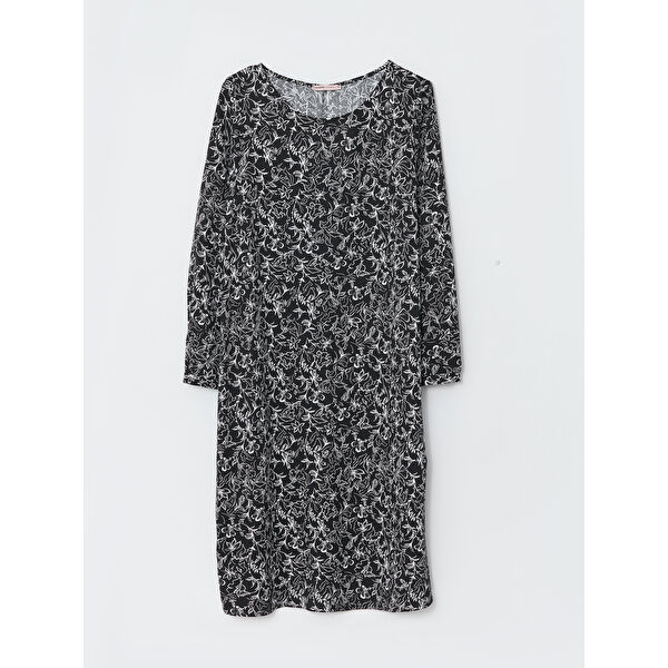 Bisiklet Yaka Desenli Uzun Kollu Viskon Kadın Elbise