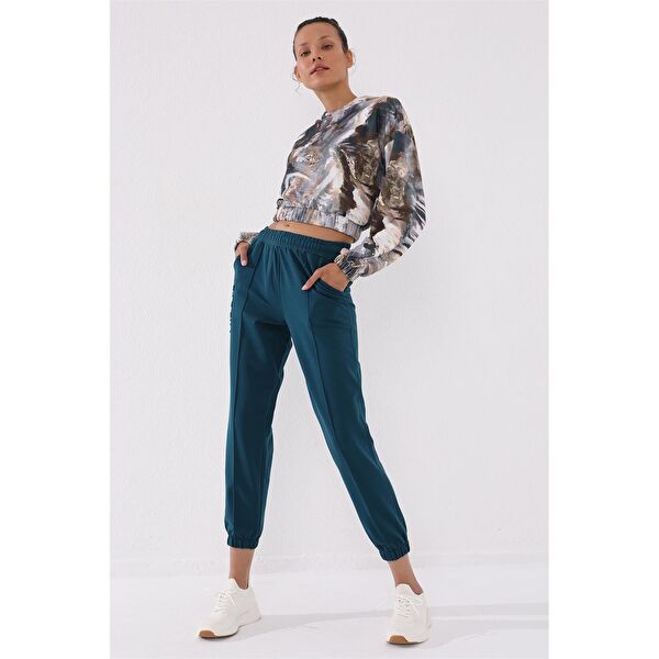 Beli Lastikli Kabartma Baskılı Kadın Jogger Eşofman Altı