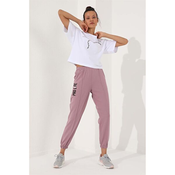 Beli Lastikli Kabartma Baskılı Kadın Jogger Eşofman Altı