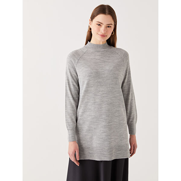 Dik Yaka Düz Uzun Kollu Kadın Triko Tunik