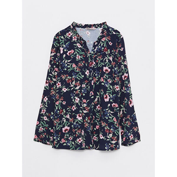 Kaçık Yaka Çiçekli Uzun Kollu Viskon Kadın Gömlek