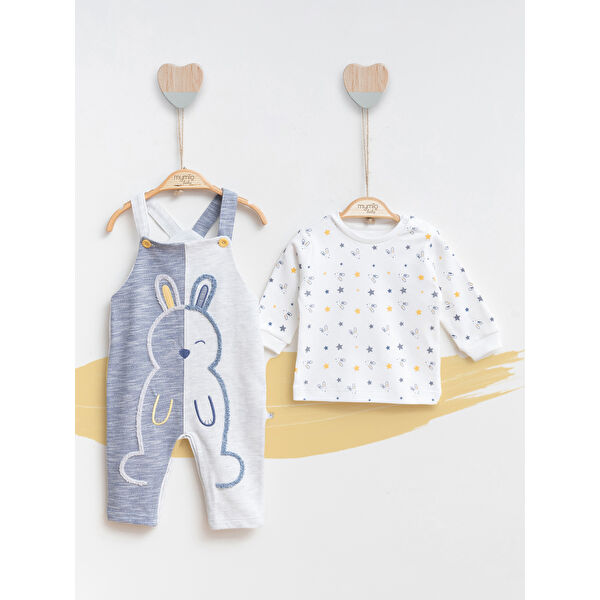 Bisiklet Yaka Uzun Kollu Desenli Erkek Bebek Tişört ve Salopet 2'li