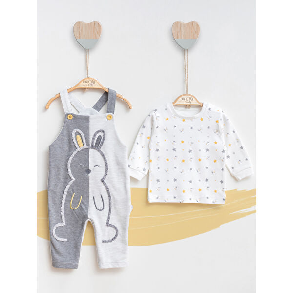 Bisiklet Yaka Uzun Kollu Desenli Erkek Bebek Tişört ve Salopet 2'li