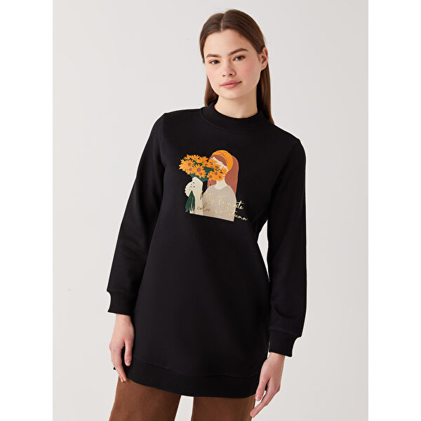 Dik Yaka Baskılı Uzun Kollu Kadın Tunik