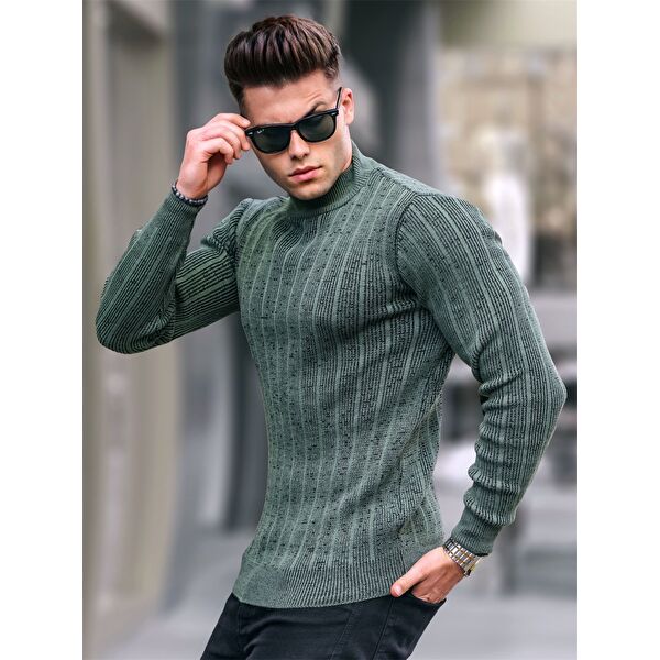 Yarım Balıkçı Yaka Uzun Kollu Çizgili Erkek Triko Kazak