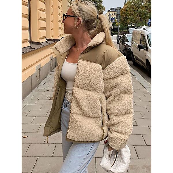 Dik Yaka Pelüş Uzun Kollu Kadın Şişme Mont