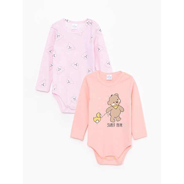 Bisiklet Yaka Uzun Kollu Baskılı Kız Bebek Çıtçıtlı Body 2'li